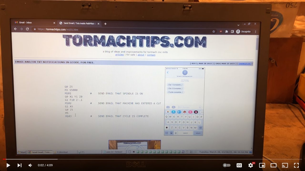 Tormachtips.com - Send Emails and SMS txts directly from Tormach's Pathpilot Gcode - YouTube