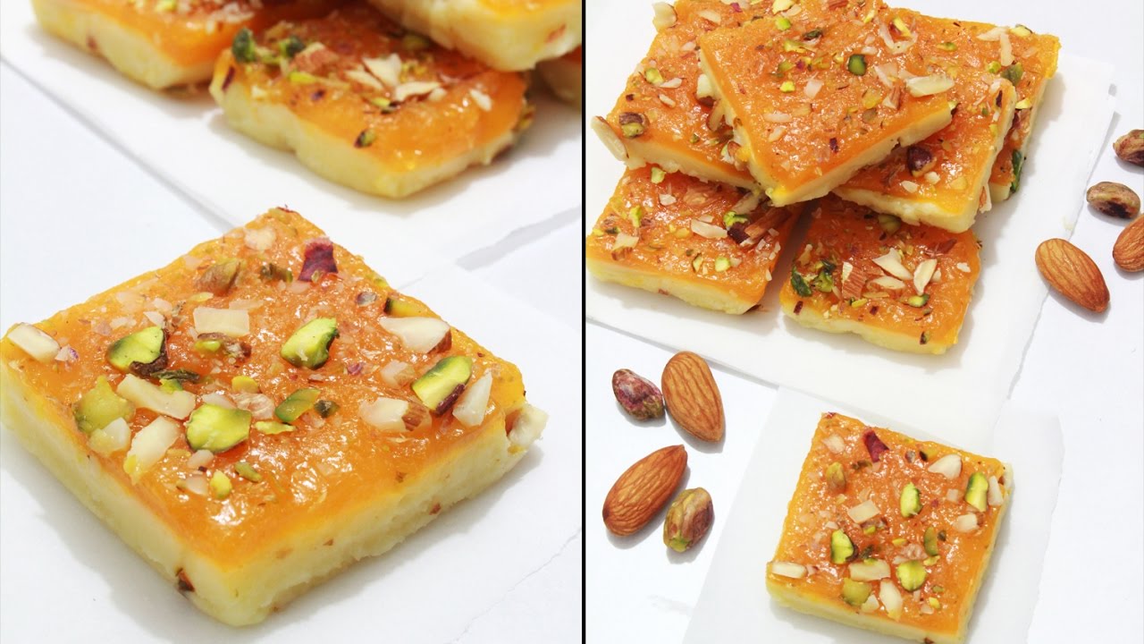 2 layered milk mango burfi | milk mango fudge - YouTube