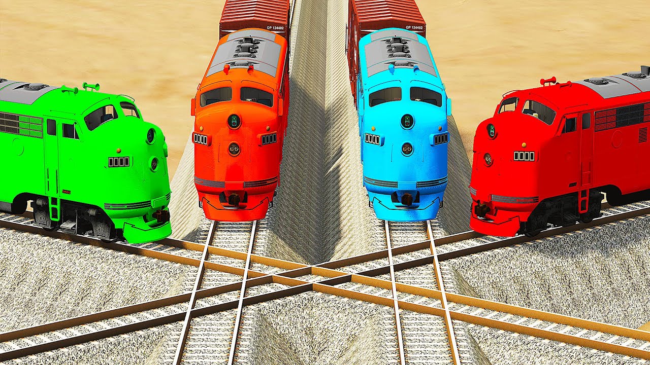 Four Trains vs Crazy Mistake Overlapping Tracks Crossing - BeamNG.Drive ...