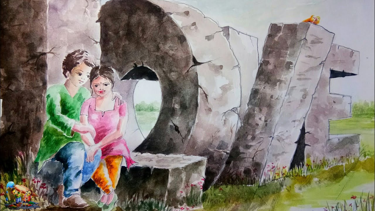 3D Love with Romantic couple scenery Drawing and Watercolor paint - YouTube