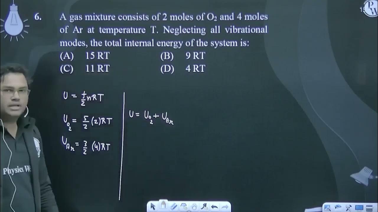 A gas mixture consists of 2 moles of O2 and 4 moles of Ar at temperature T. Neglecting all vibr ...