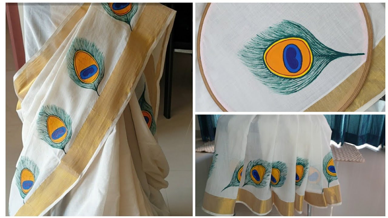 Peacock Feather Paintings On Saree