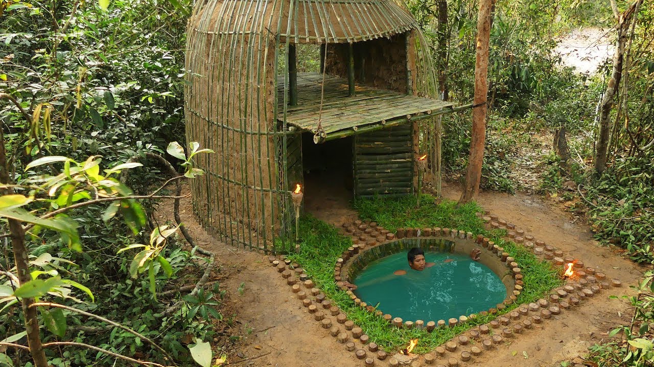 Building The Beautiful Bathtub Pool In Front Relaxing Bamboo House By ...