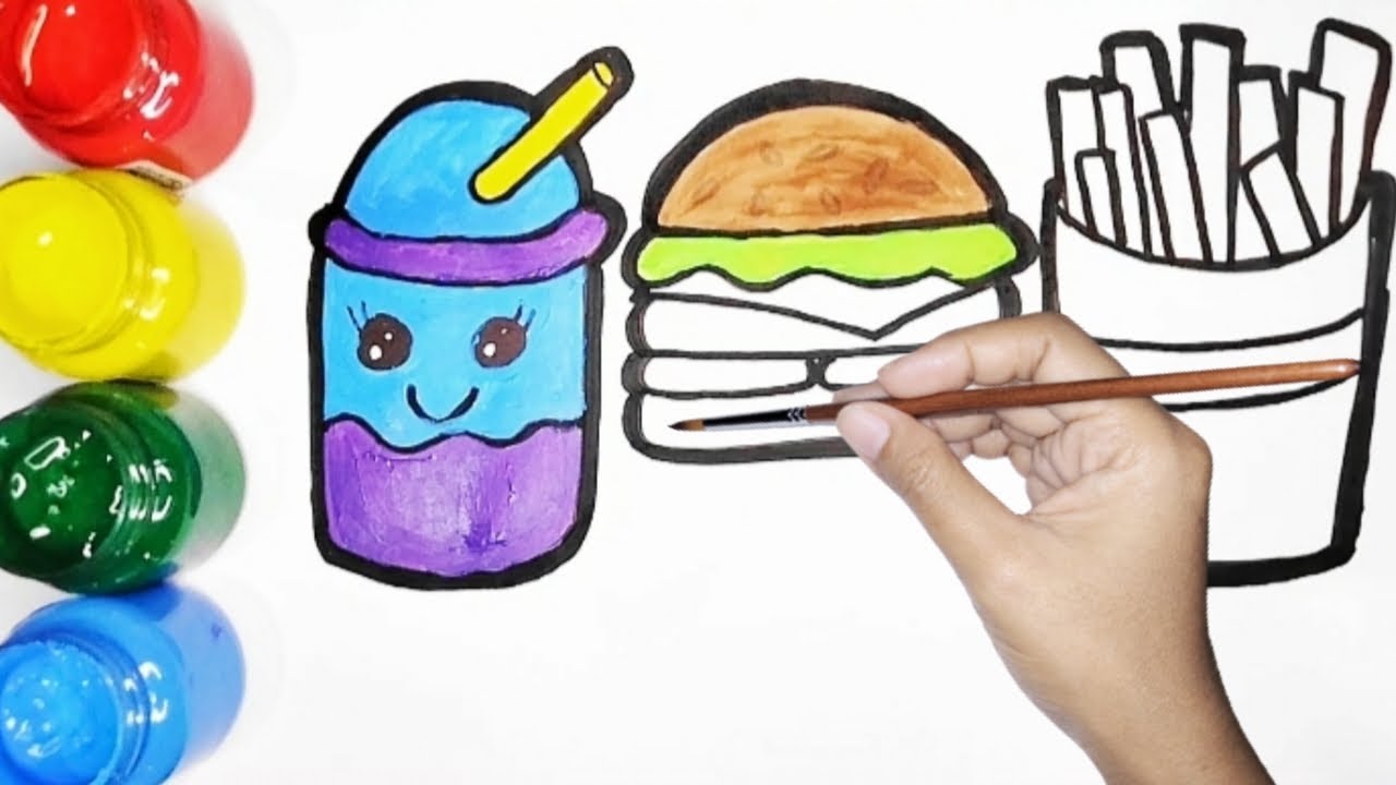 Menggambar mewarnai burger,kentang goreng,minuman Drawing and coloring ...