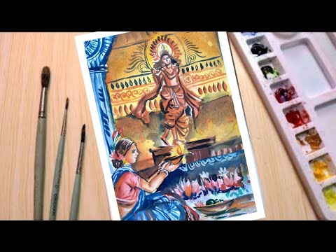 Krishna Painting/ Watercolor Painting/ Poojari Drawing/ Krishna Drawing ...