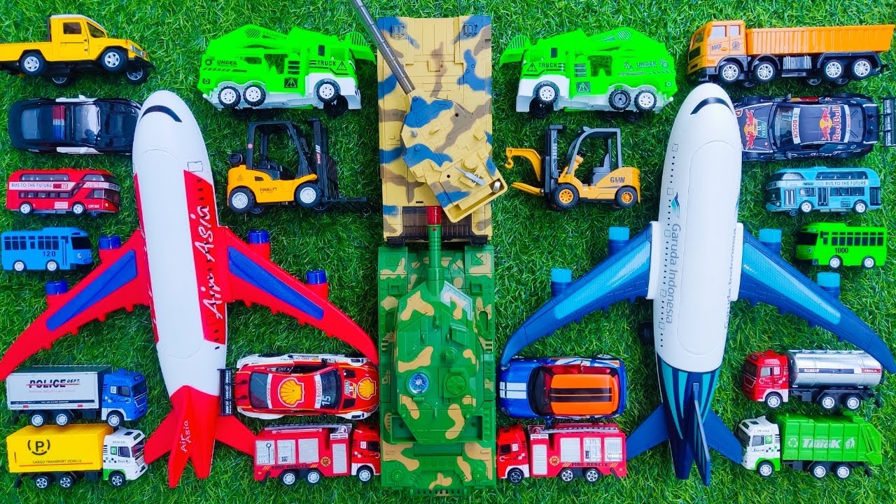 2 TANK BAJA & 2 PESAWAT RAKSASA | Truk crane forklift bus tayo bus kota ...