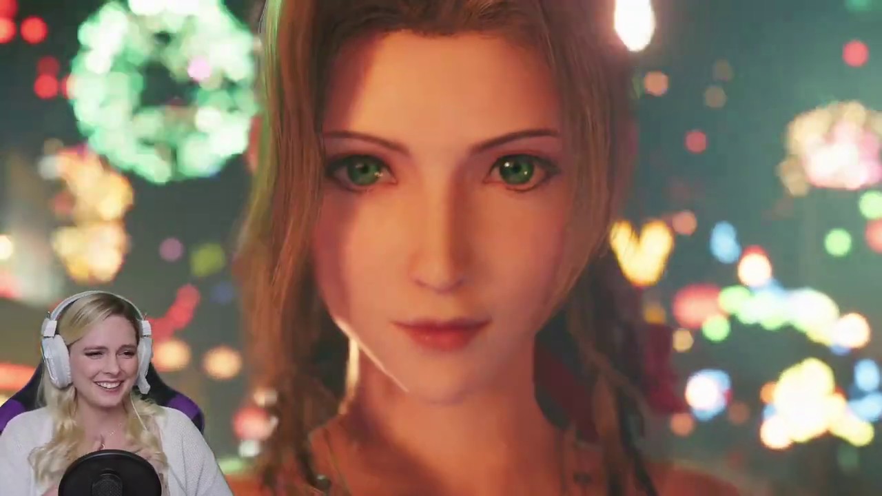 Briana White voice actress of Aerith reacting to Aerith wearing the red ...