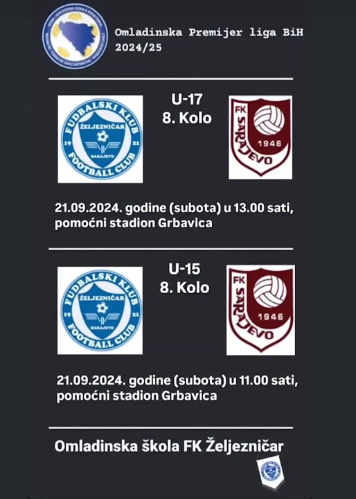⚽️ FK ŽELJEZNIČAR VS ⚽️ FK SARAJEVO (Premijer omladinska liga BiH, PIONIRI U-15 I KADETI U-17 ...