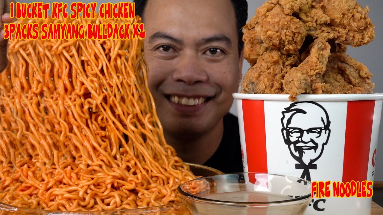 ASMR MUKBANG + 1 Bucket KFC spicy Chicken + 3 Packs Samyang Bulldack X2 ...