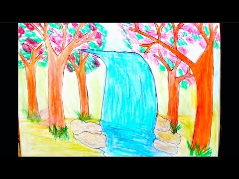 How to draw scenery of waterfall step by step|Waterfall stream scenery ...