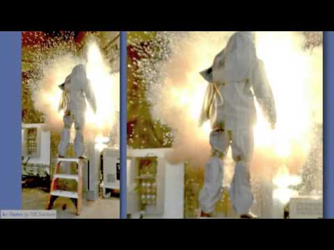 40 CAL Arc Flash Suit - Explosion test on ladder - YouTube