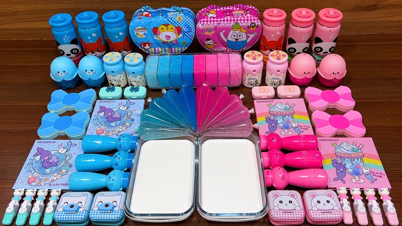 BLUE vs PINK ! Mixing random into GLOSSY SLIME ! Relaxing Slime Video ...