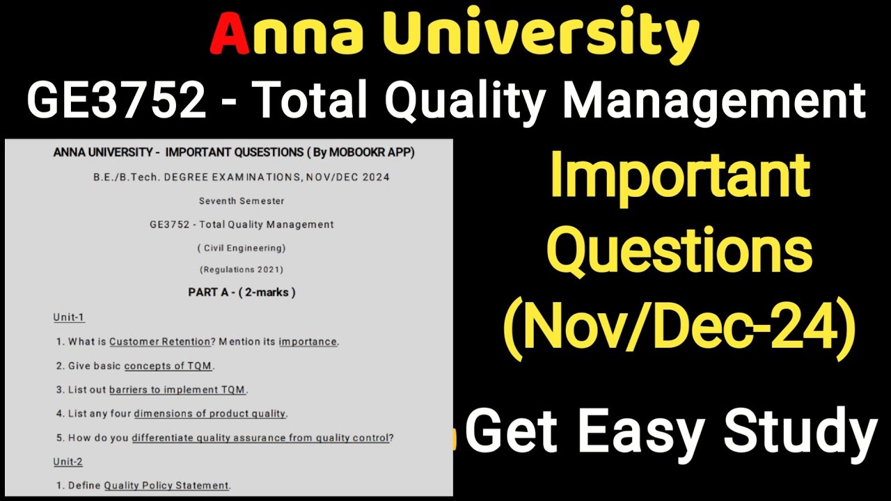 Ge3752 - TQM | Important Questions by MOBOOKR app| get easy pass | anna ...