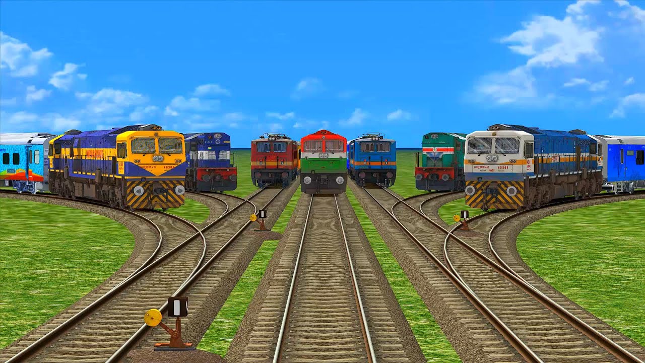 7 Different Trains Crossing at Very Risky Sharp Bend Railroad Track ...