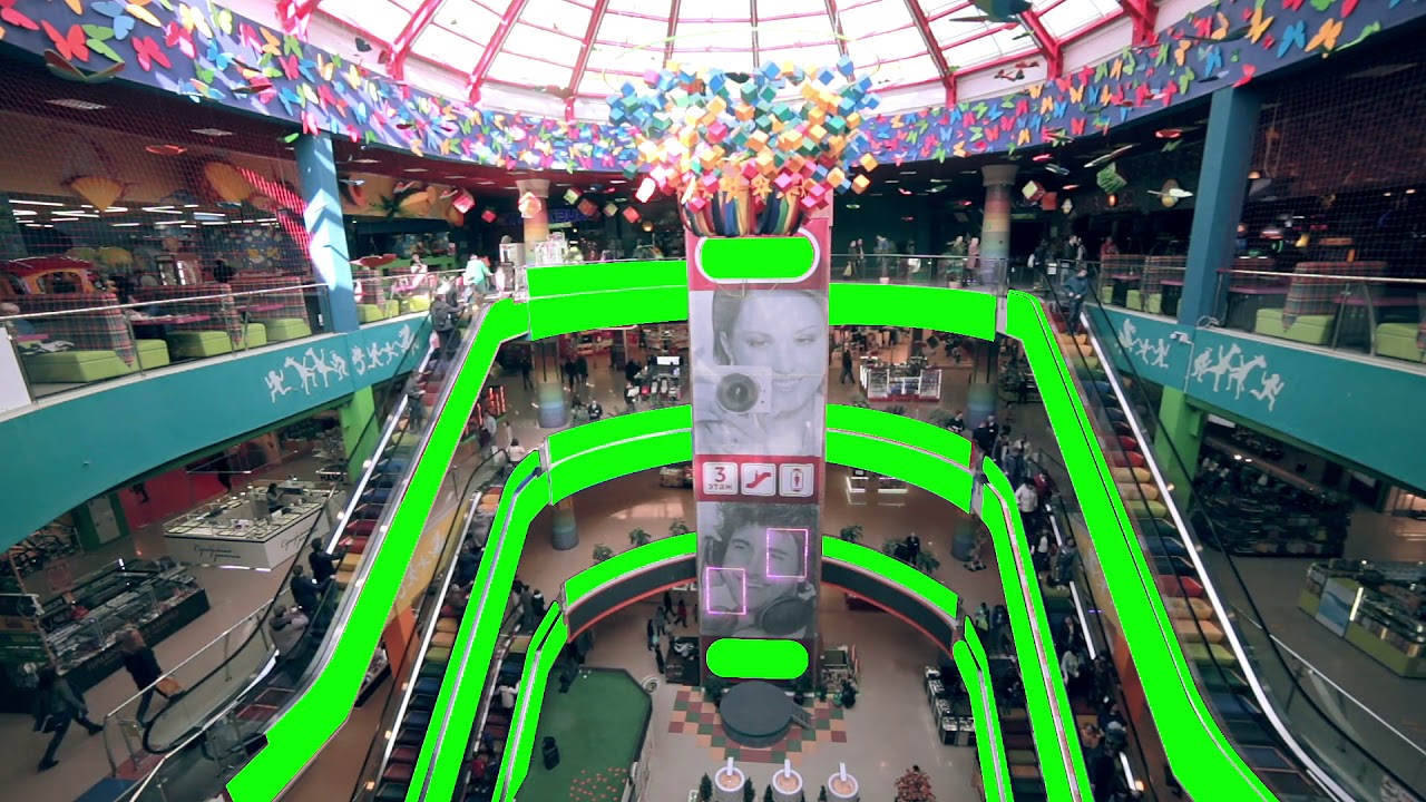 shopping mall interior with green screen advertising space huge trade ...