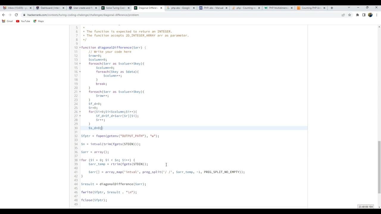 Turing Coding Challenge Diagonal Difference In Php Youtube