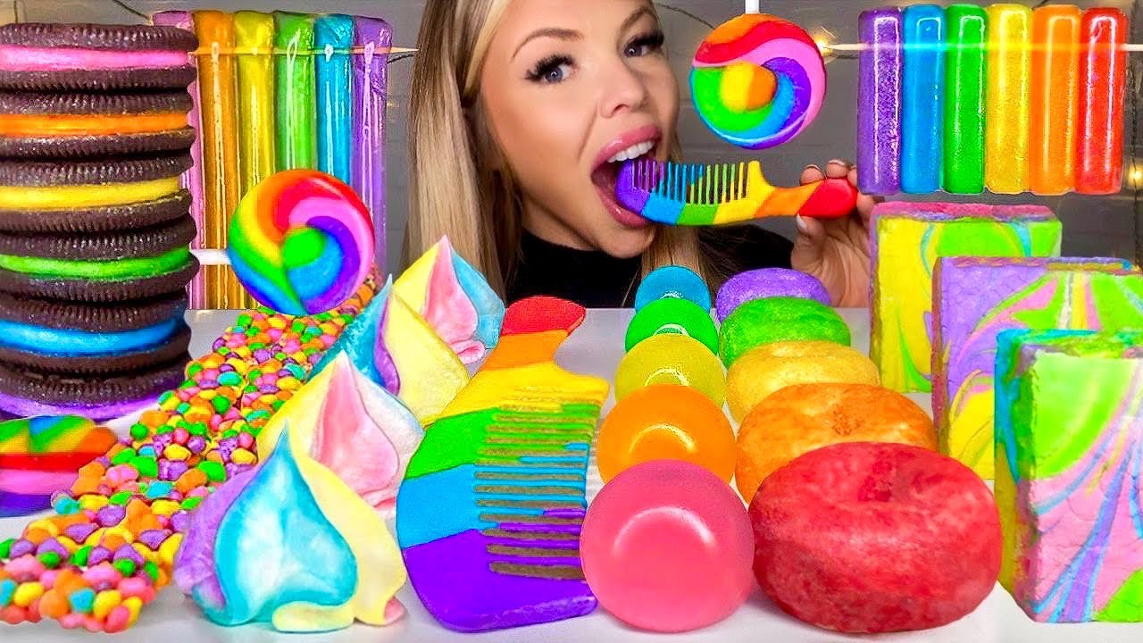 ASMR MOST POPULAR RAINBOW FOOD, EDIBLE COMB, MERINGUE KISSES, OREO ...