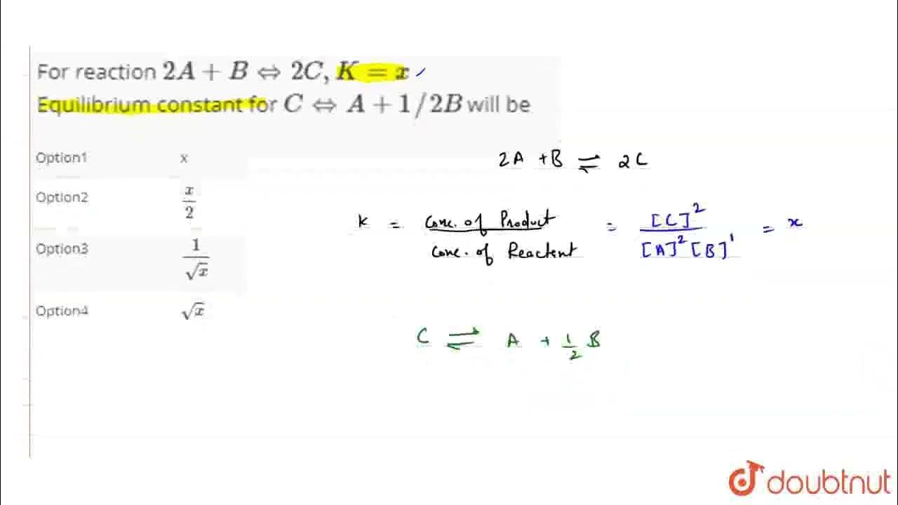 For reaction 2A+B hArr 2C, K=x Equilibrium constant forC hArr A+1//2 B ...