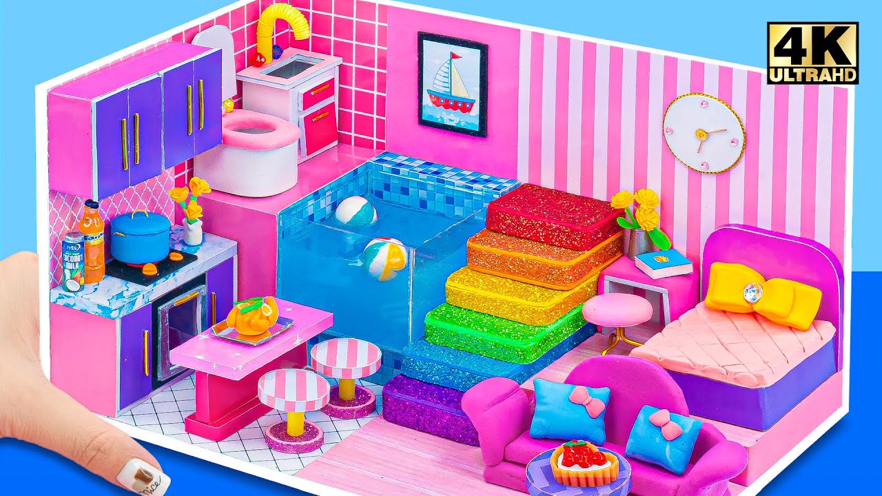 How To Make Polymer Clay Kitchen, Clay Bedroom In Cute Cardboard House ...