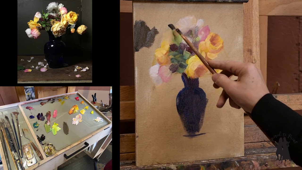 Time-lapse of Elizabeth Robbins painting yellow roses in a blue vase ...