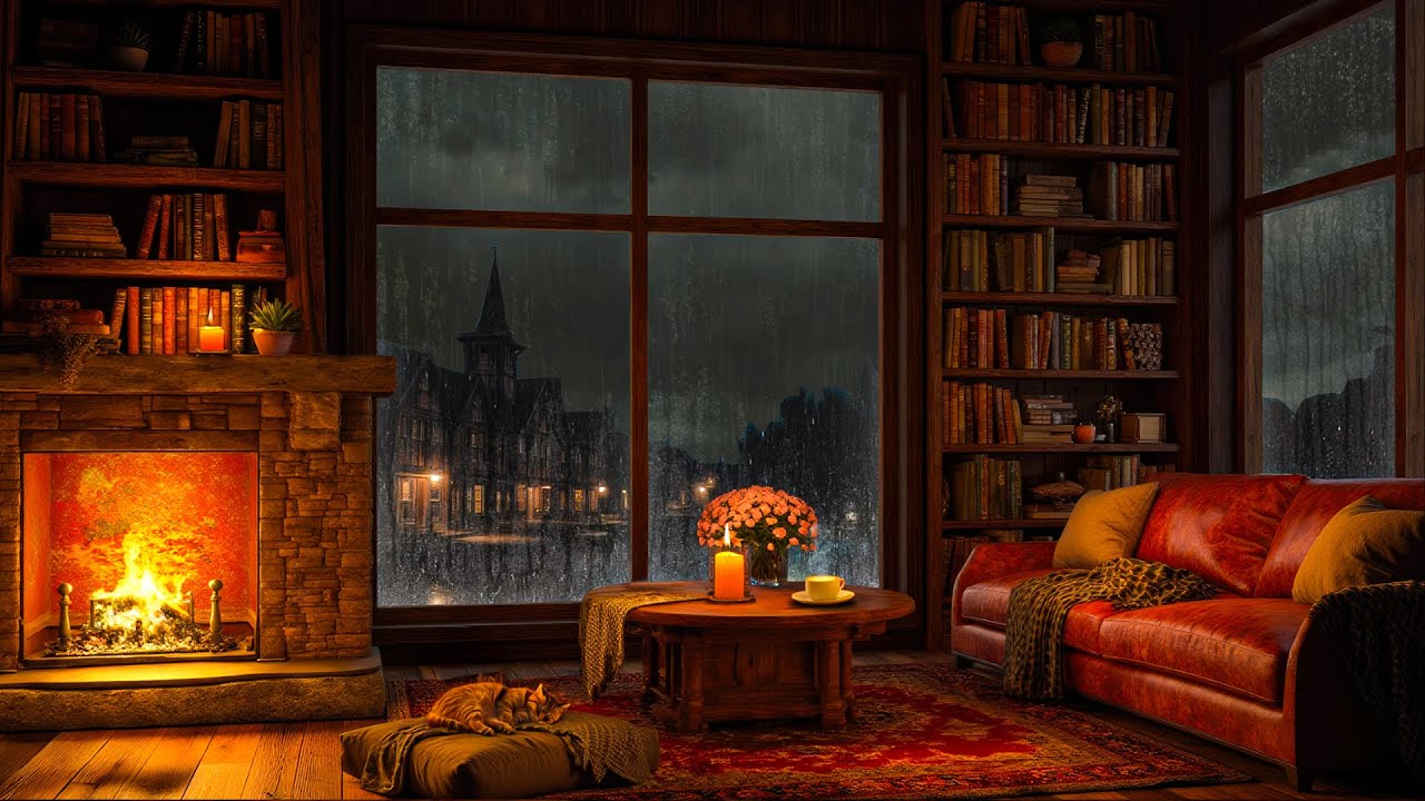 Warm Jazz Piano to Sleep | Cozy Library Ambience with Fireplace, Strong ...