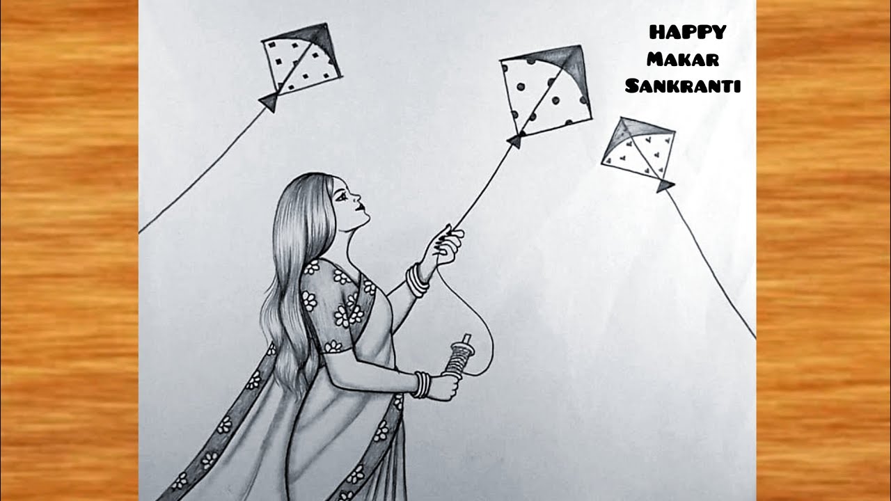 How To Draw a girl flying kite/ Makar Sankranti Festival / happy Makar ...
