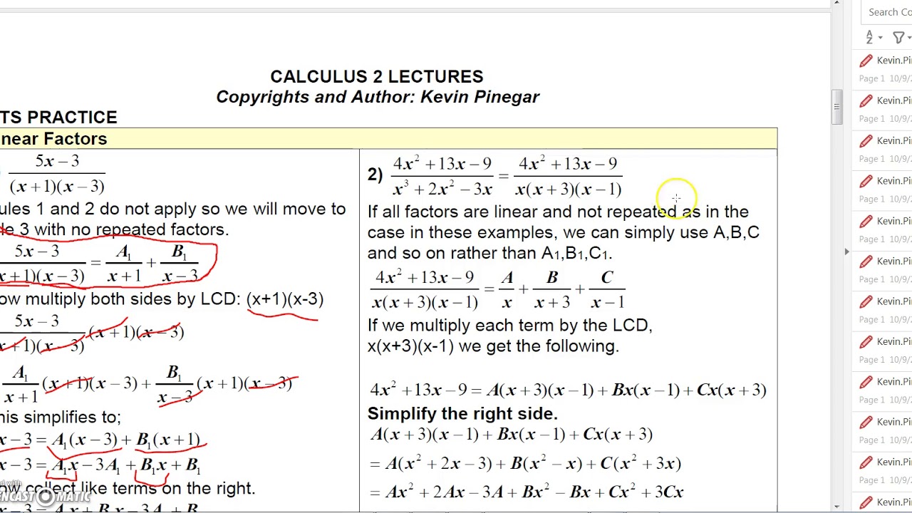 7 3A Cal2 Partial Fraction Integration of Linear Factors Part 1 of 4 ...