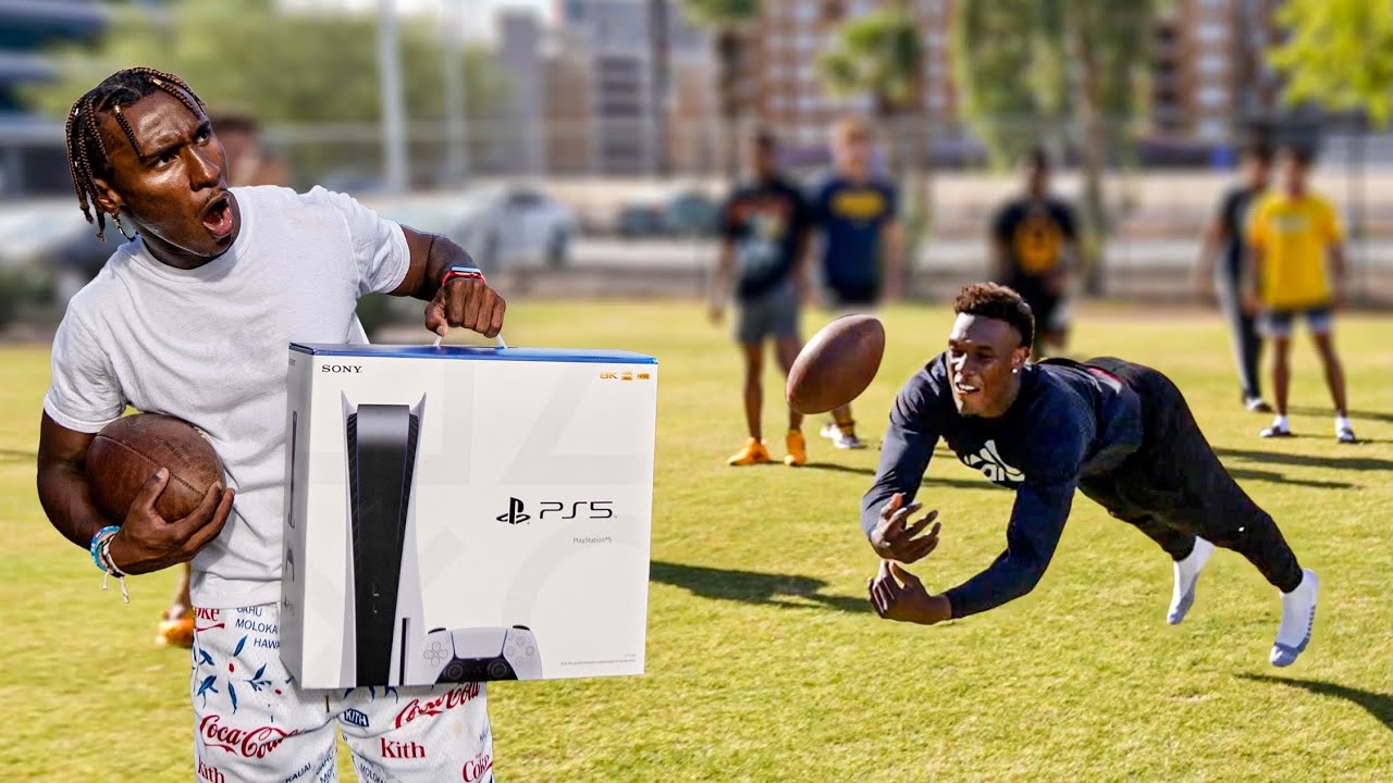 LAST TO DROP A PASS WINS A PS5! (D1 COLLEGE FOOTBALL PLAYERS) - YouTube