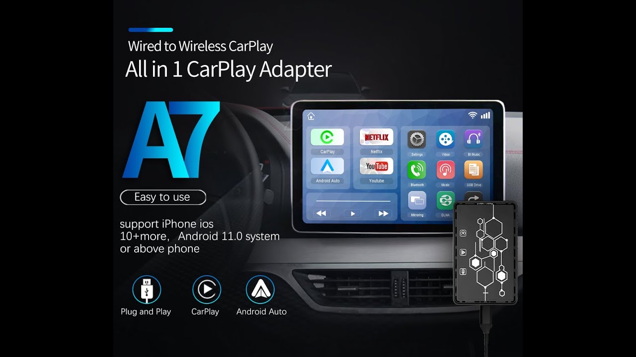 CP/AA Adapter Model CP A7 ,main in update wired carplay to wireless Youtube/Netflix and mirror ...