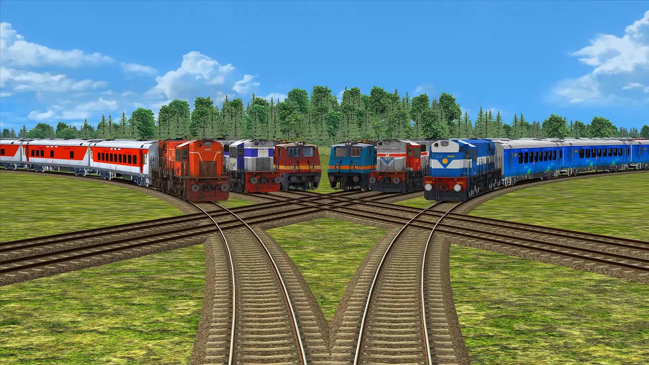 6 Colorful TRAINS Crossing Crisscrossed Curve SHARP BEND Railroad TRACK ...