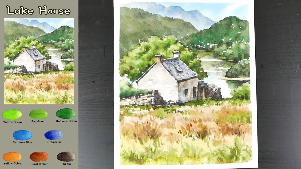 Basic Landscape Watercolor - Lake House (sketch & color name view ...