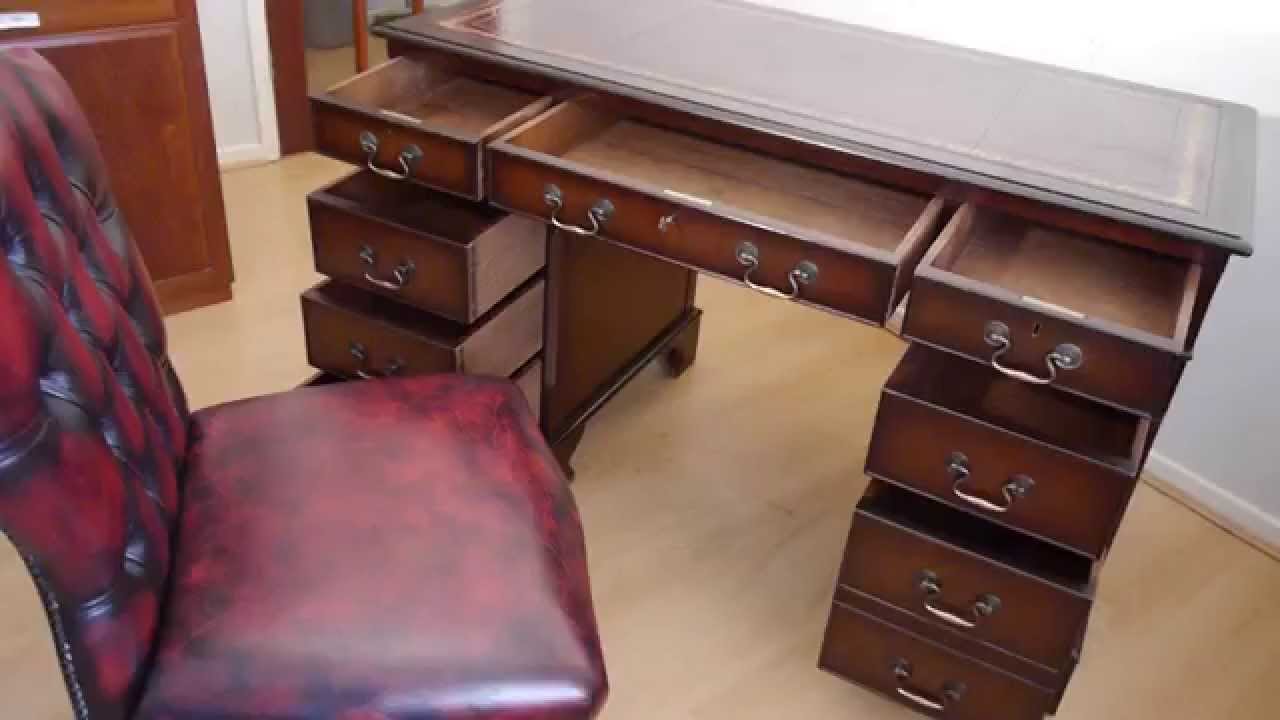 Antique Style Twin Pedestal Mahogany Writing Desk & Oxblood ...
