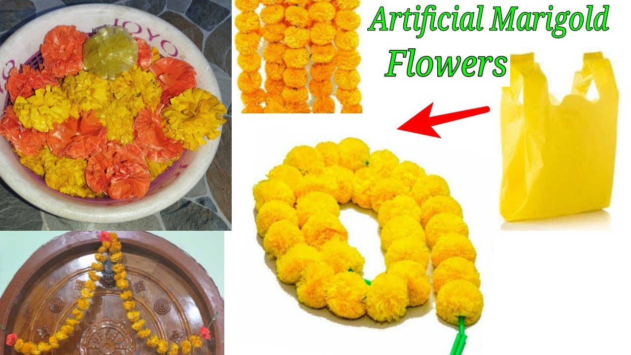 How to make marigold Garland flower from plastic Bag || Best out of ...