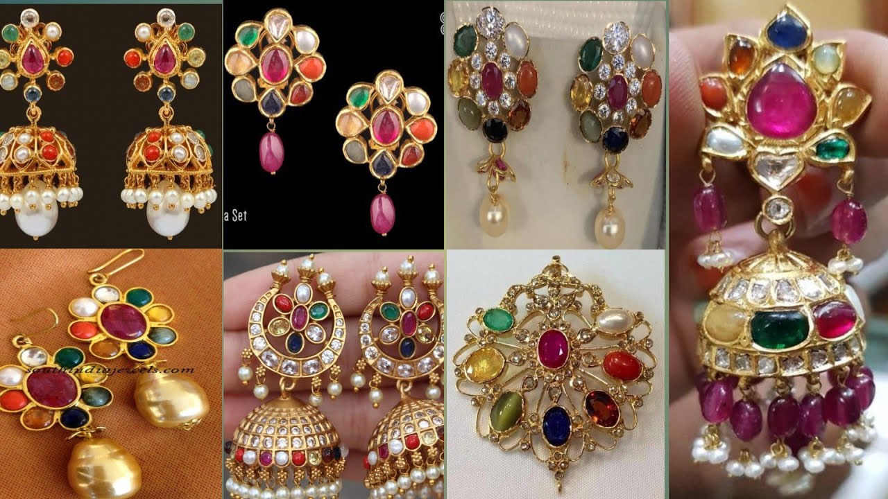 Gold Navaratna earrings designs || gold Navaratna pendants, stud ...