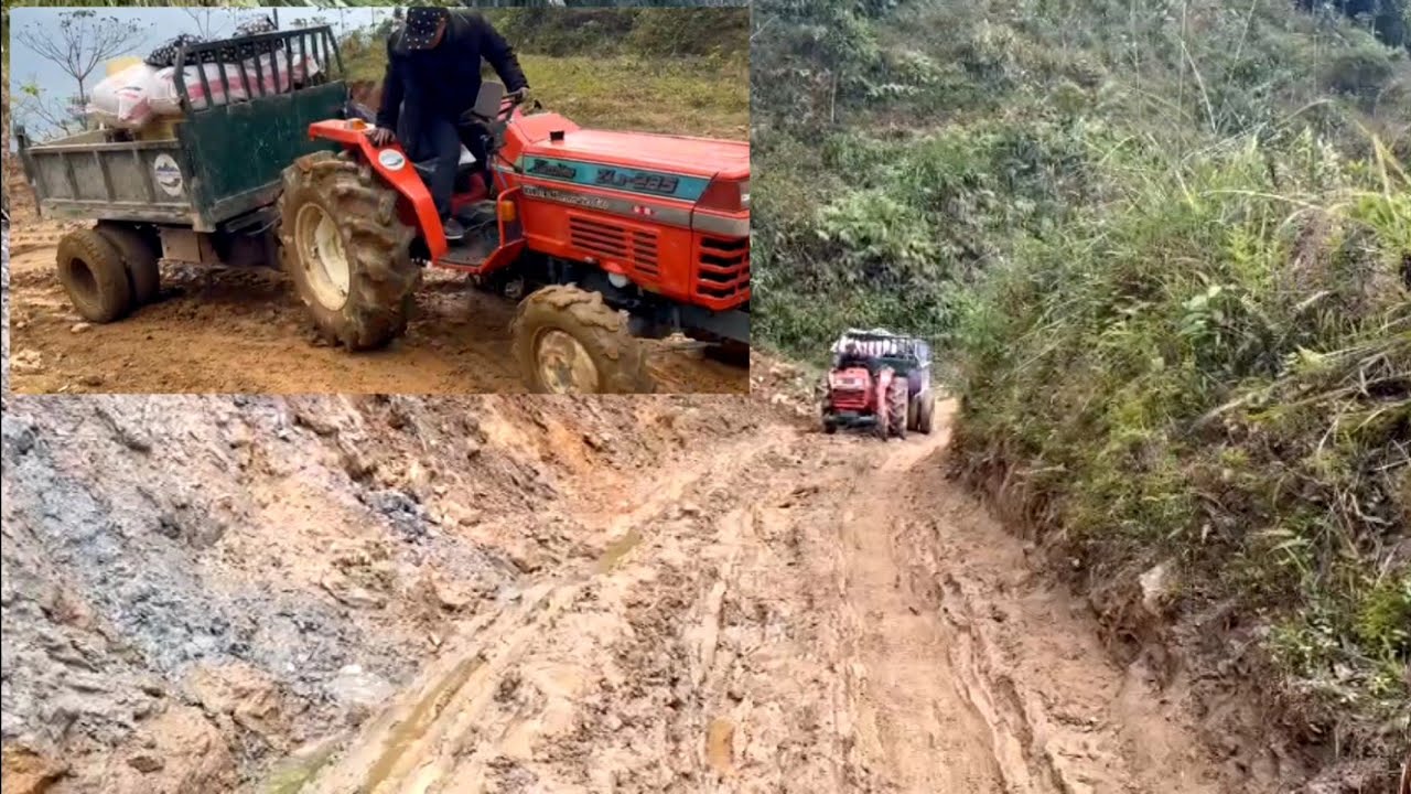 Máy xúc sửa đường vào bản. Xe tractor vượt dốc trơn chở chuyến đồ đầu ...