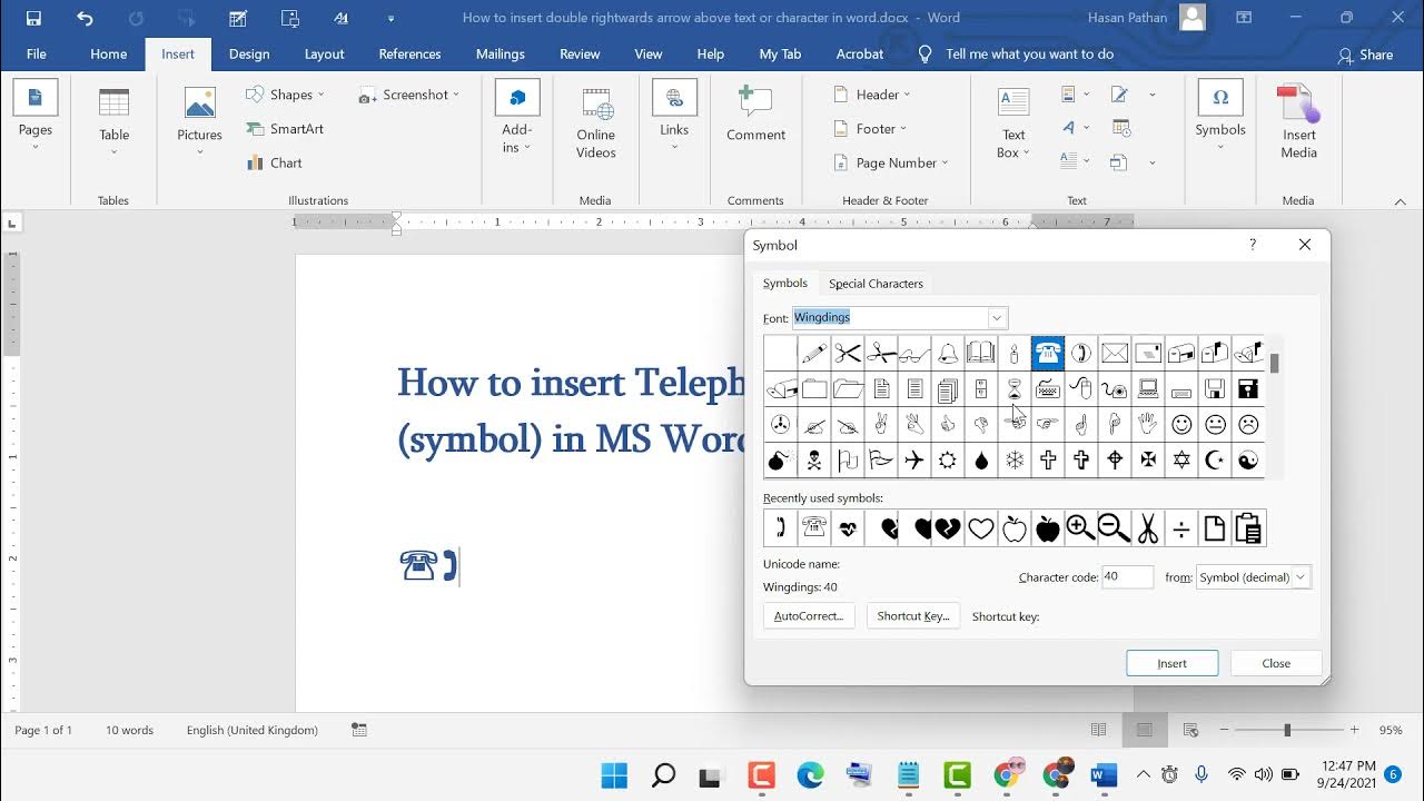 how to insert telephone symbol in MS word - YouTube