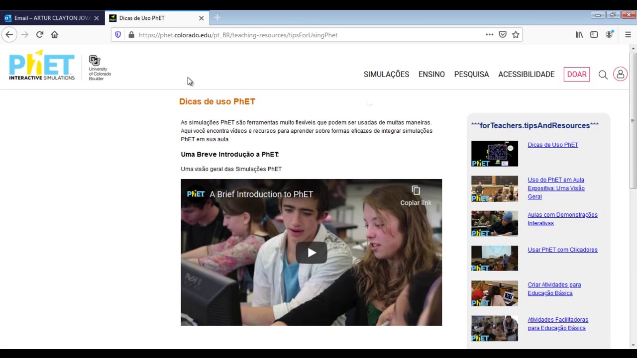 Observando a biblioteca de recursos para o professor na plataforma Phet - YouTube