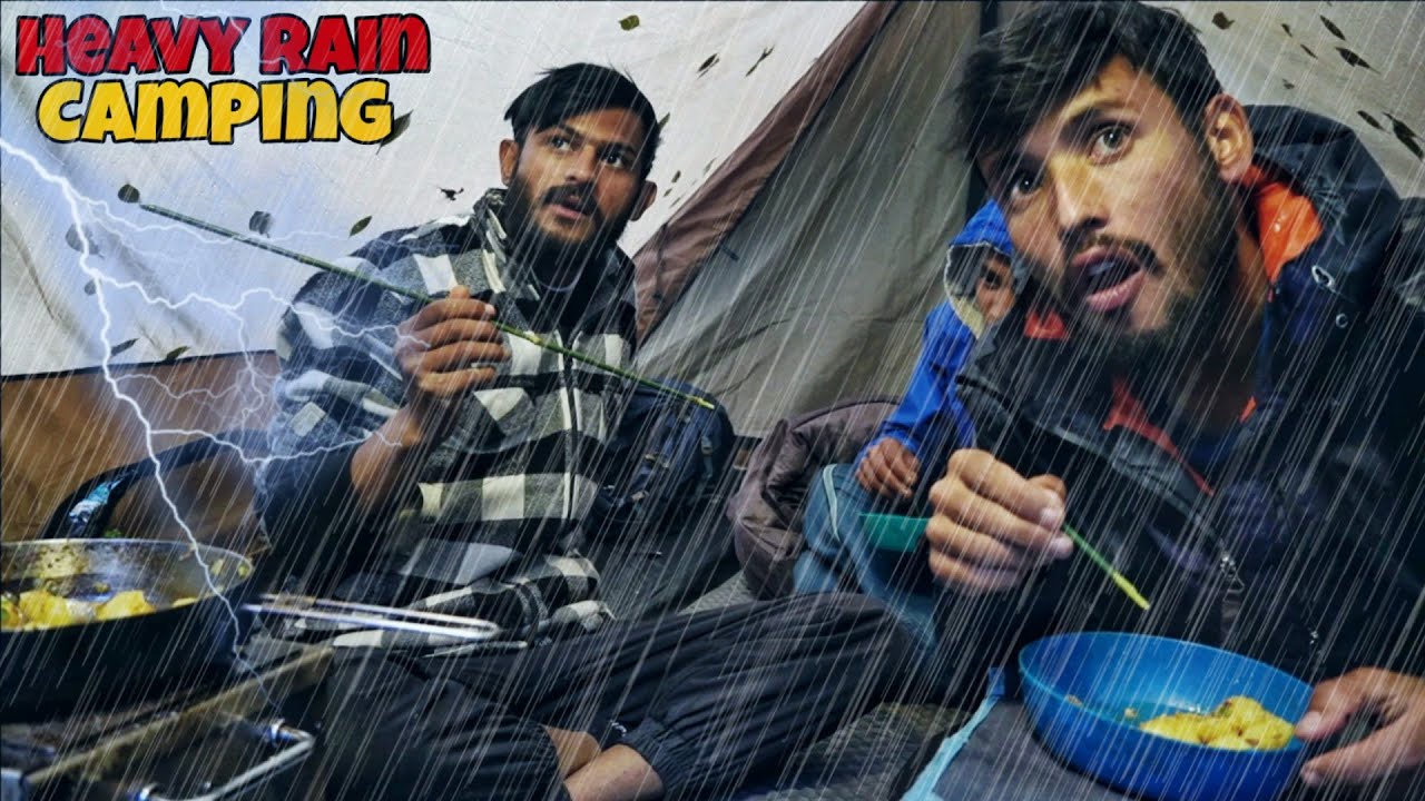 2 Days Group Camping in Heavy Rain & Thunderstorm | Hot Tent Camping in ...