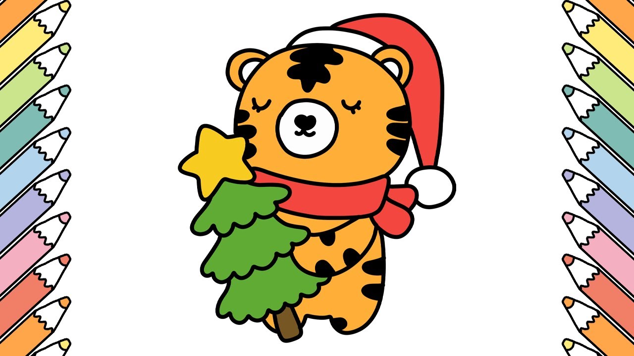 Drawing and Coloring Cute Christmas Tiger Easy for Kids and Toddlers ...