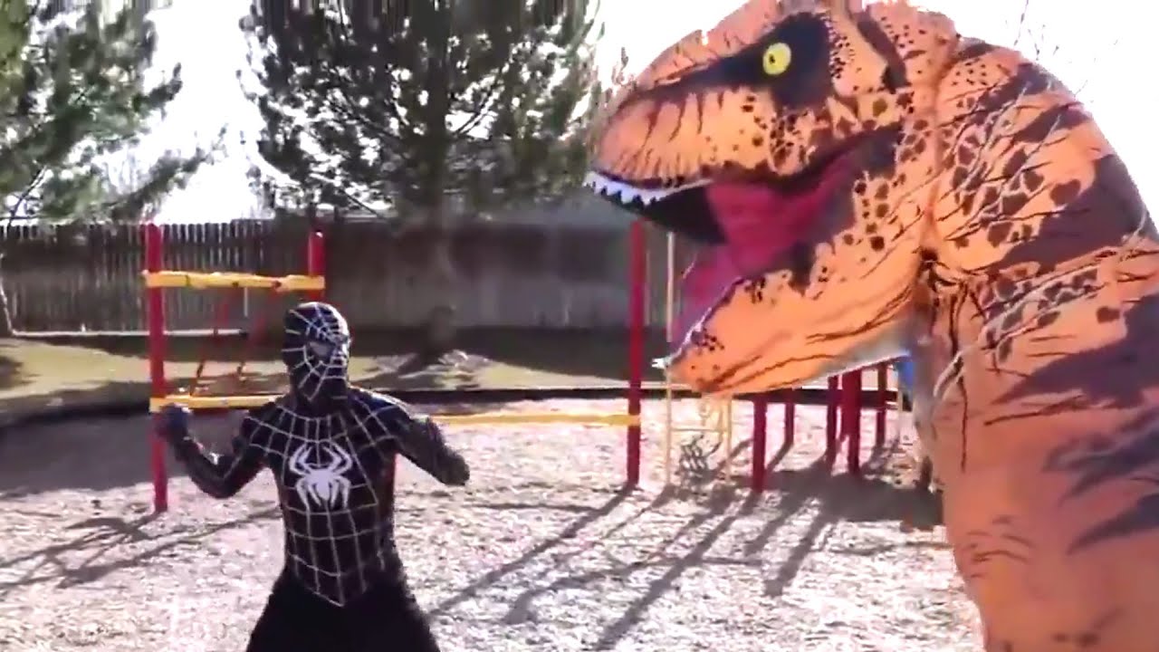 Black Spider-Man vs T-Rex Dinosaur Battle - Spiderman Avengers Heros ...