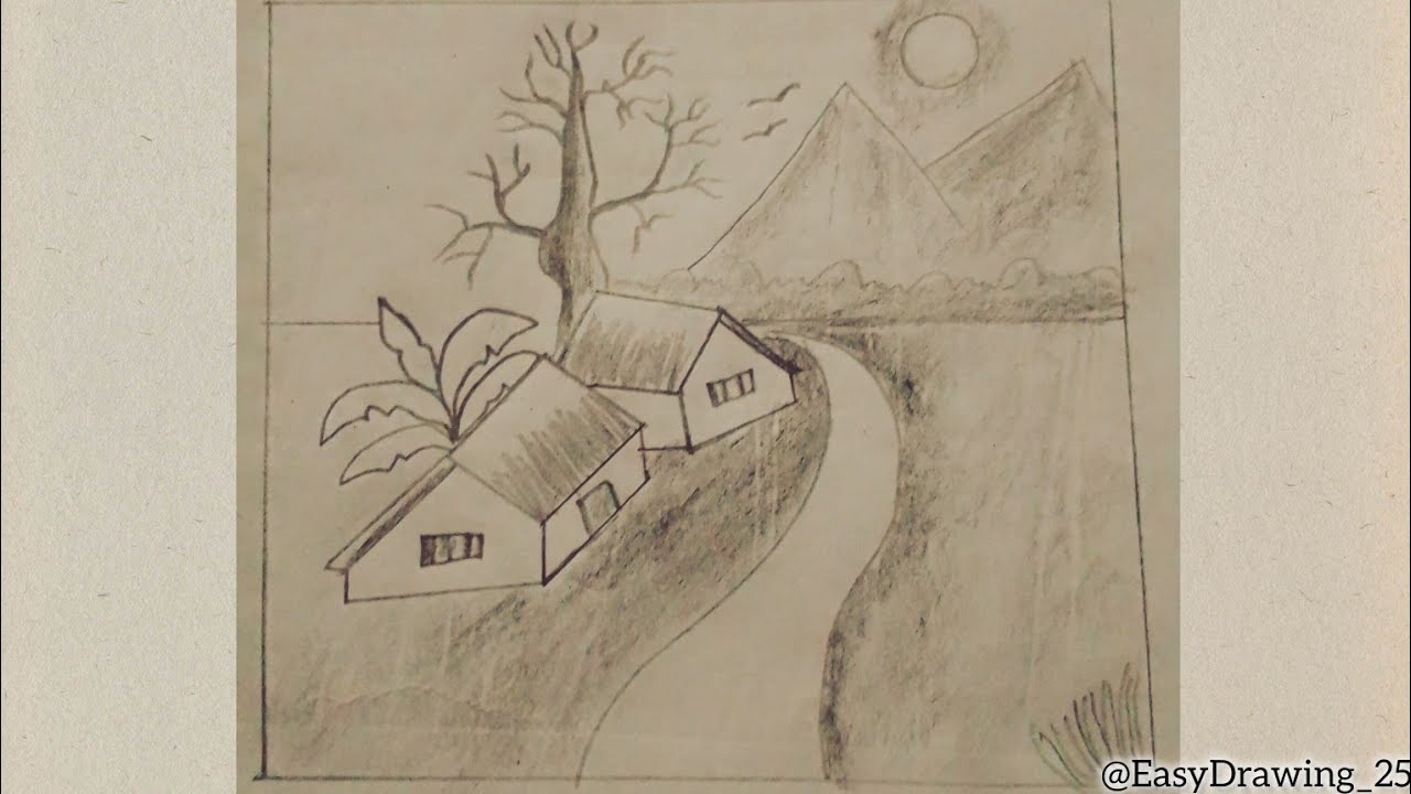 Simple landscape scenery drawing with pencil | you can draw this easily ...