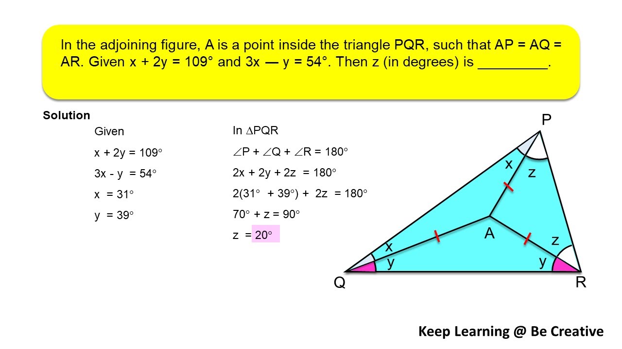 Find angle z |Isosceles Triangle | Angle sum of Triangle | NMTC | Easy ...