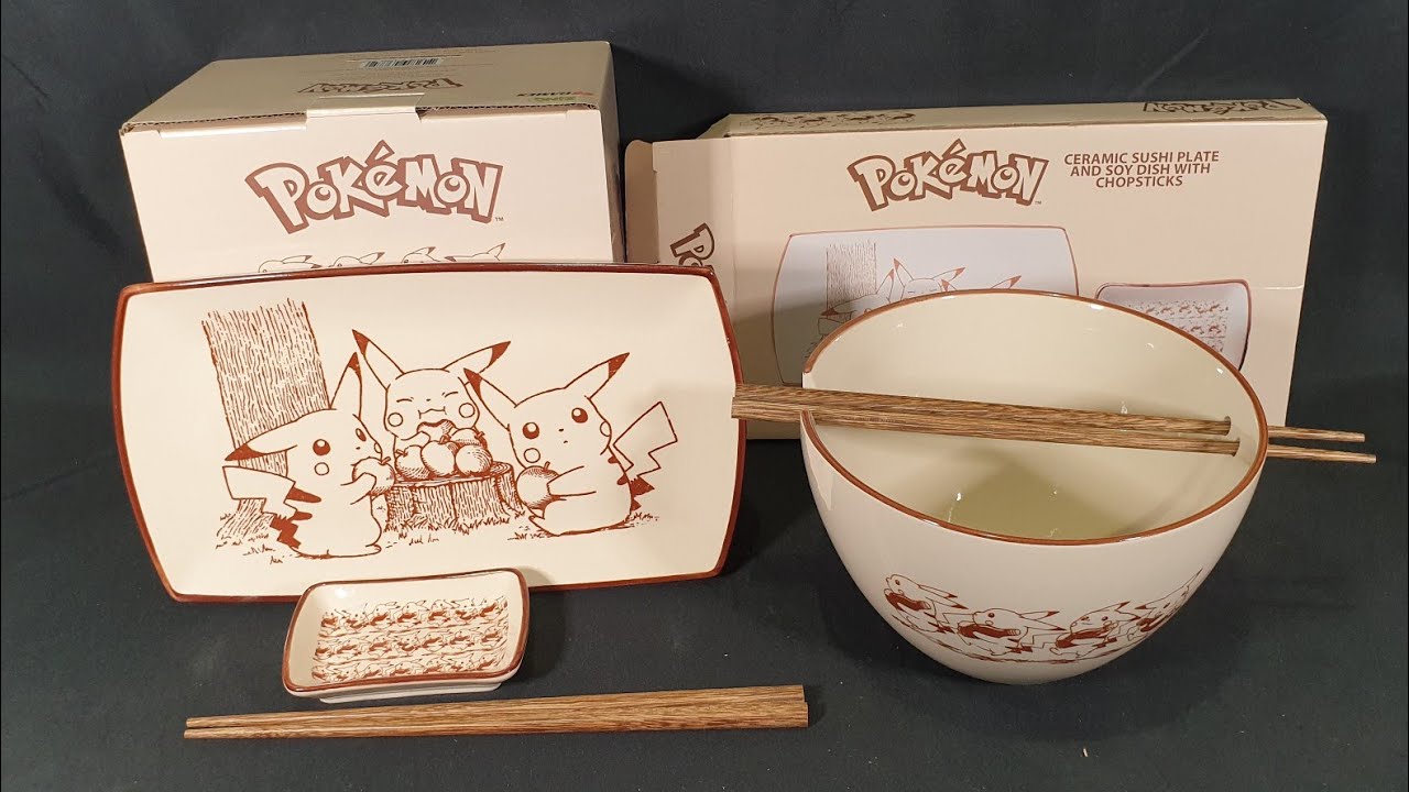 Unboxing: Pokemon Pikachu Ceramic Sushi Plate + Soy Dish + Chopsticks ...