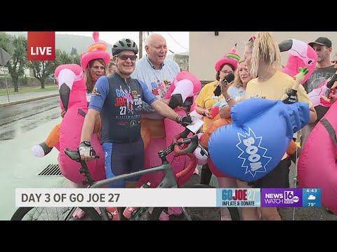 Joe is greeted by a flock of flamingos in Tamaqua during Go Joe 27 ...