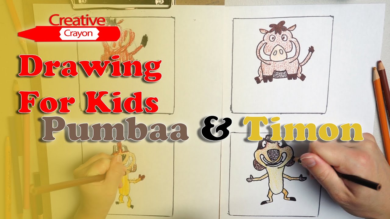 How to draw Pumbaa and Timon from Lion King. Drawing tutorial for kids ...