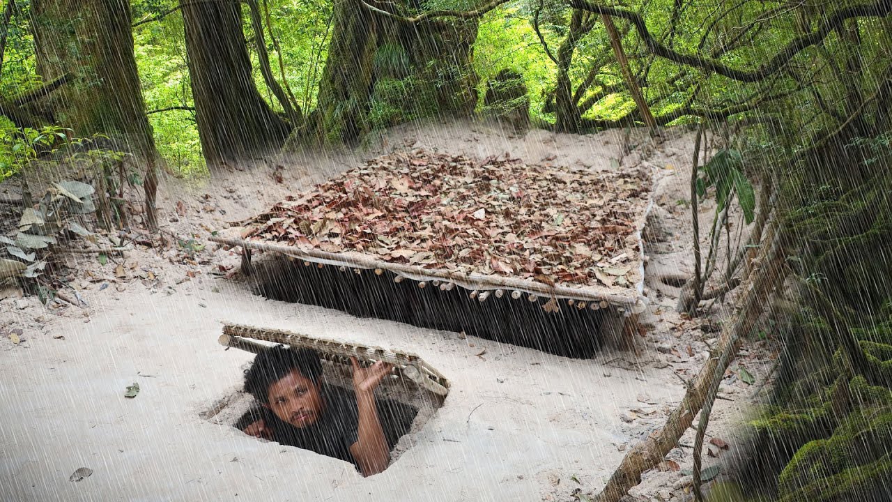 Building complete and warm survival shelter Bushcraft earth hut, in ...
