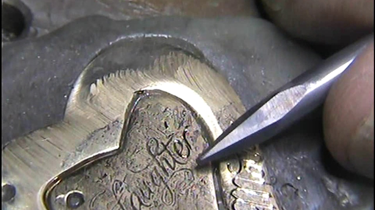 Script lettering in gold with the homemade hand engraving machine - YouTube