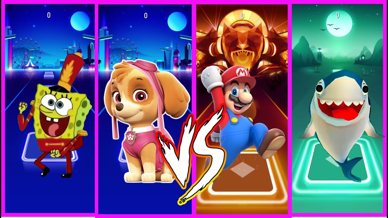 Spongebob VS Skye VS Super Mario VS Baby Shark Game Tiles Hop - YouTube