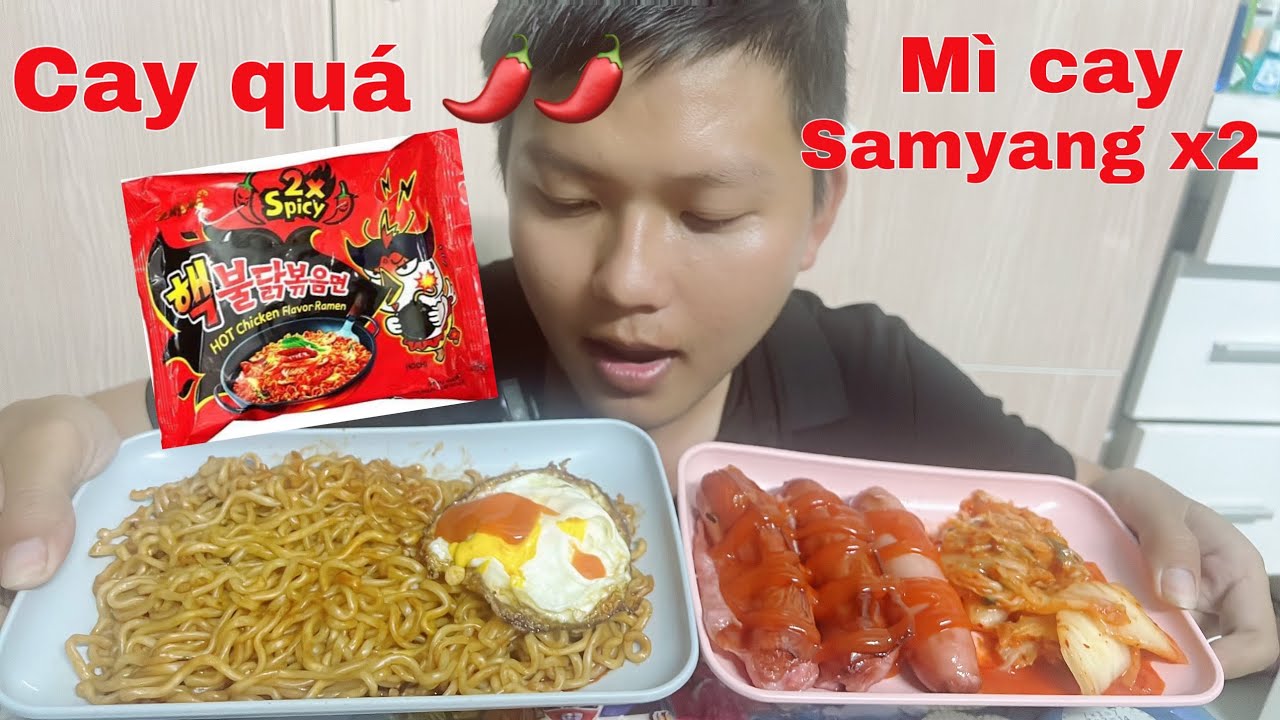 #29 Mì trộn cay samyang x2 ăn với xúc xích, kim chi. Ngon mà cay toát ...