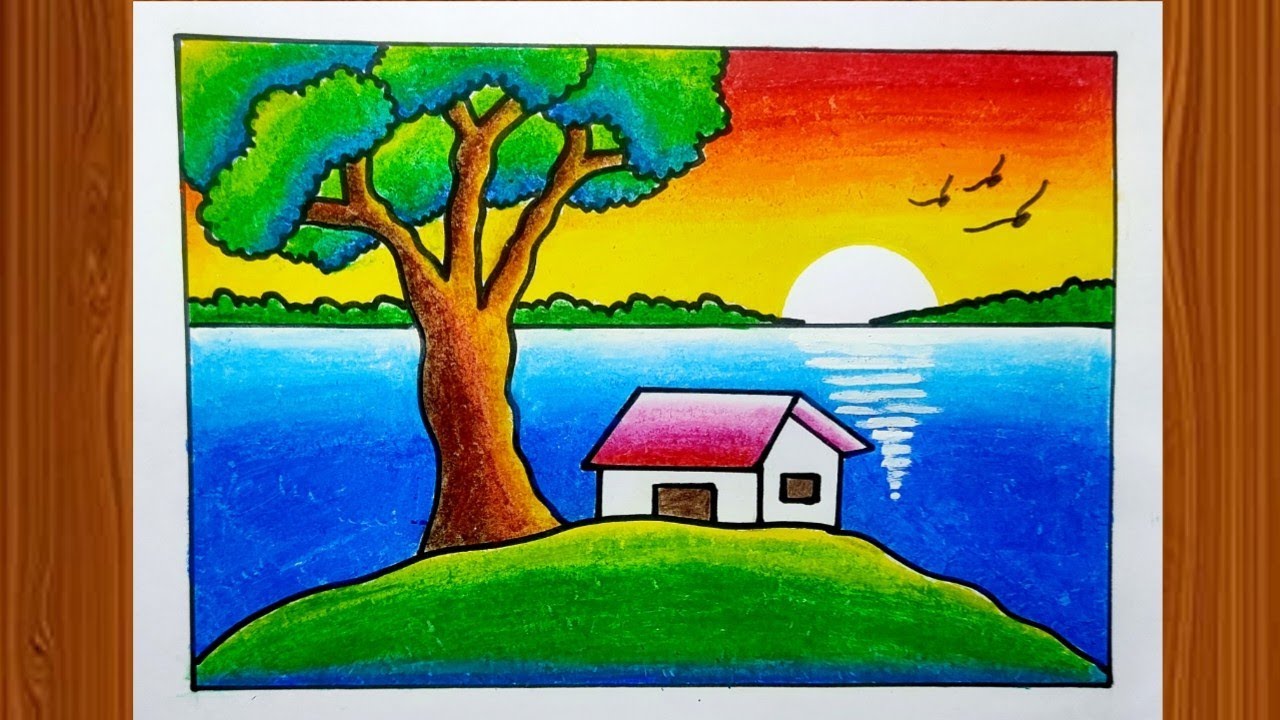 How to draw scenery of Sunrise over the river for beginners ...